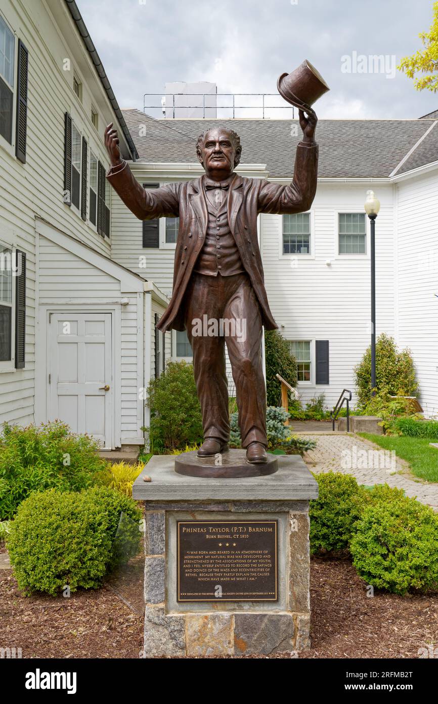 Bethel, CT - May 3, 2023: This statue of Phineas Taylor (P.T.) Barnum ...