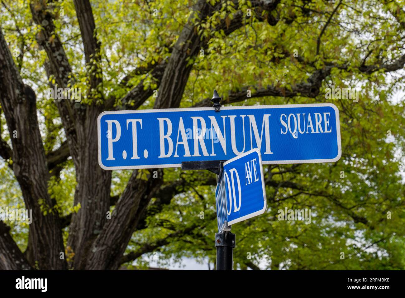 street sign for P.T. Barnum Square in the birthplace of P.T. Barnum ...
