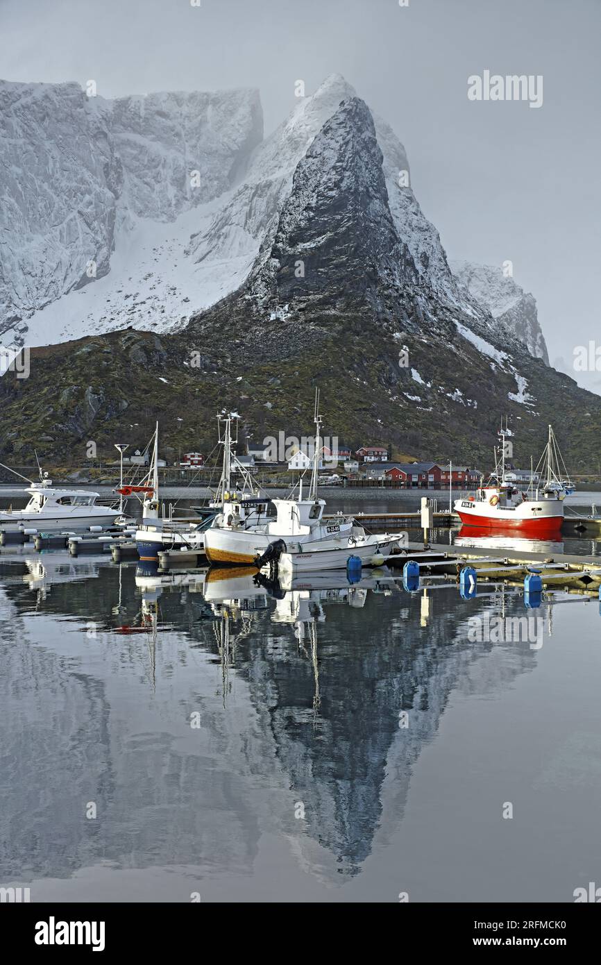 Norvège, Iles Lofoten, Moskenes, site portuaire de Reine, Reinefjorden ...