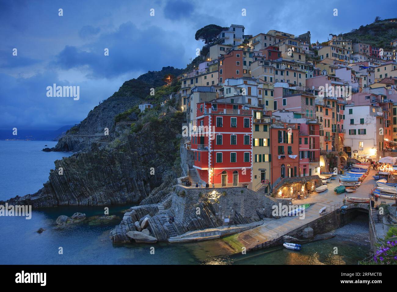 Italy, Riomaggiore, classified village of the Cinque Terre, the colorful houses, night lighting ...