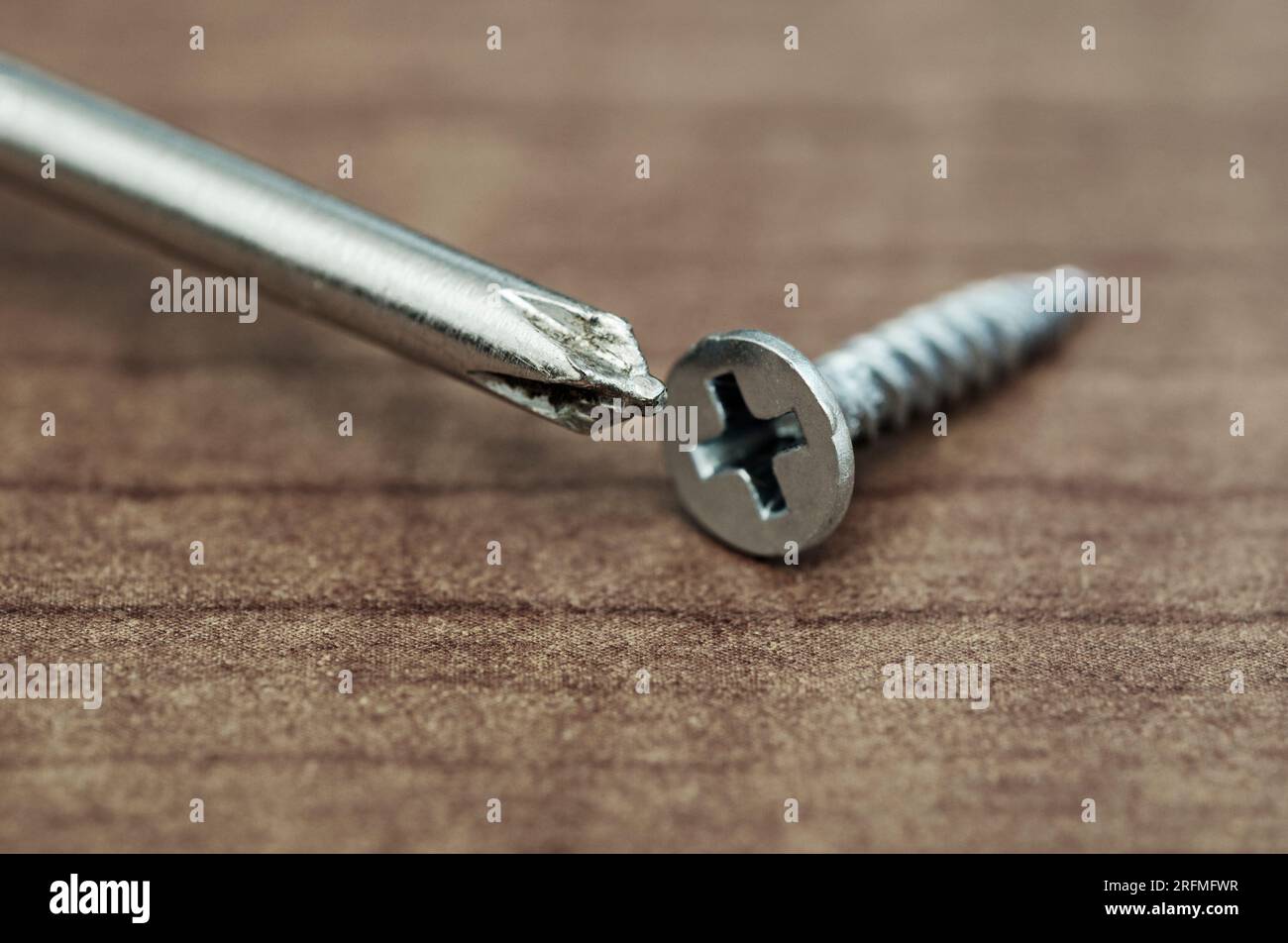 a star head screwdriver and a screw on wood Stock Photo - Alamy