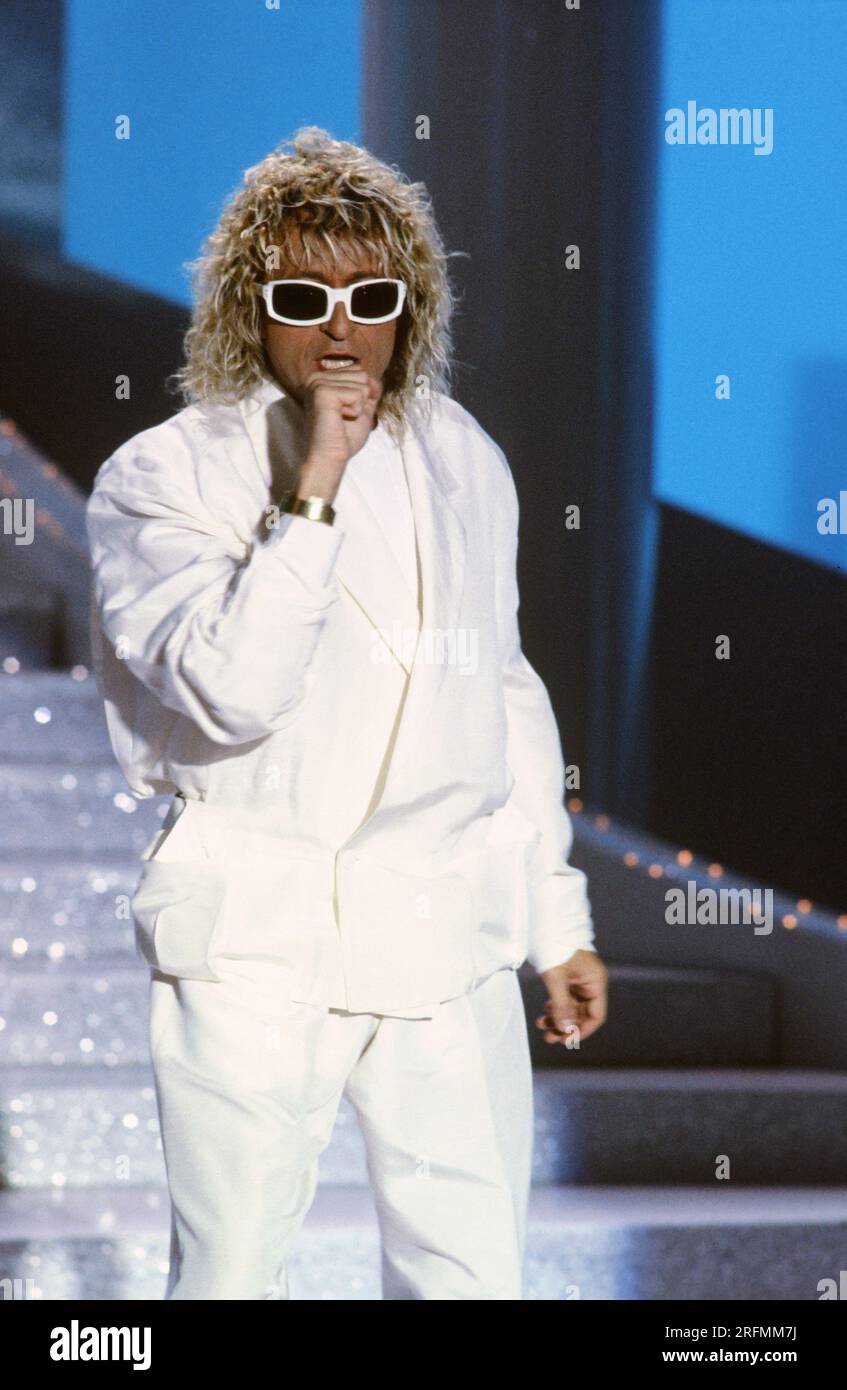 French singer Michel Polnareff on the set of a television show in 1986 ...