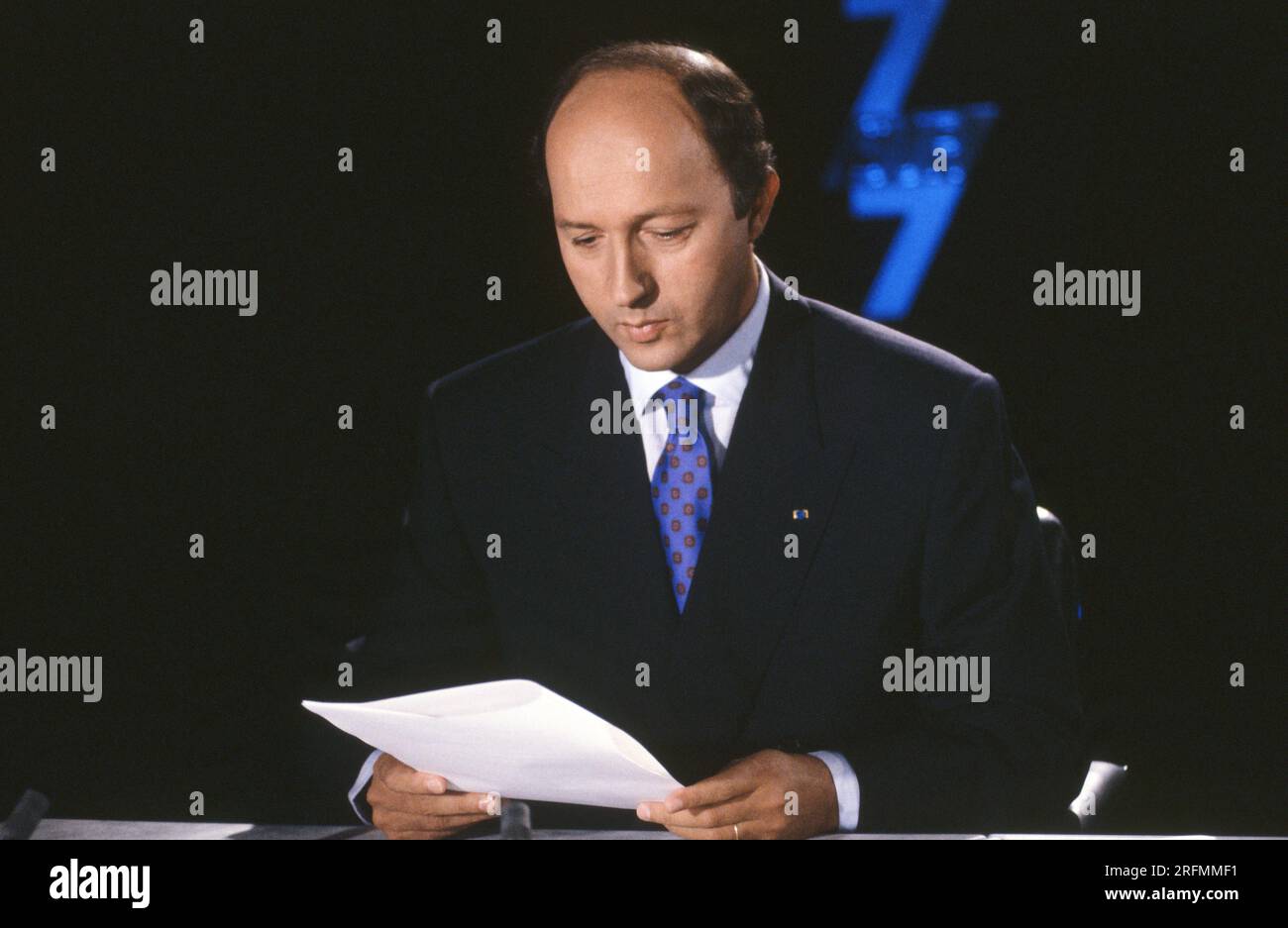Laurent Fabius on the set of the political TV show "7 sur 7" presented ...
