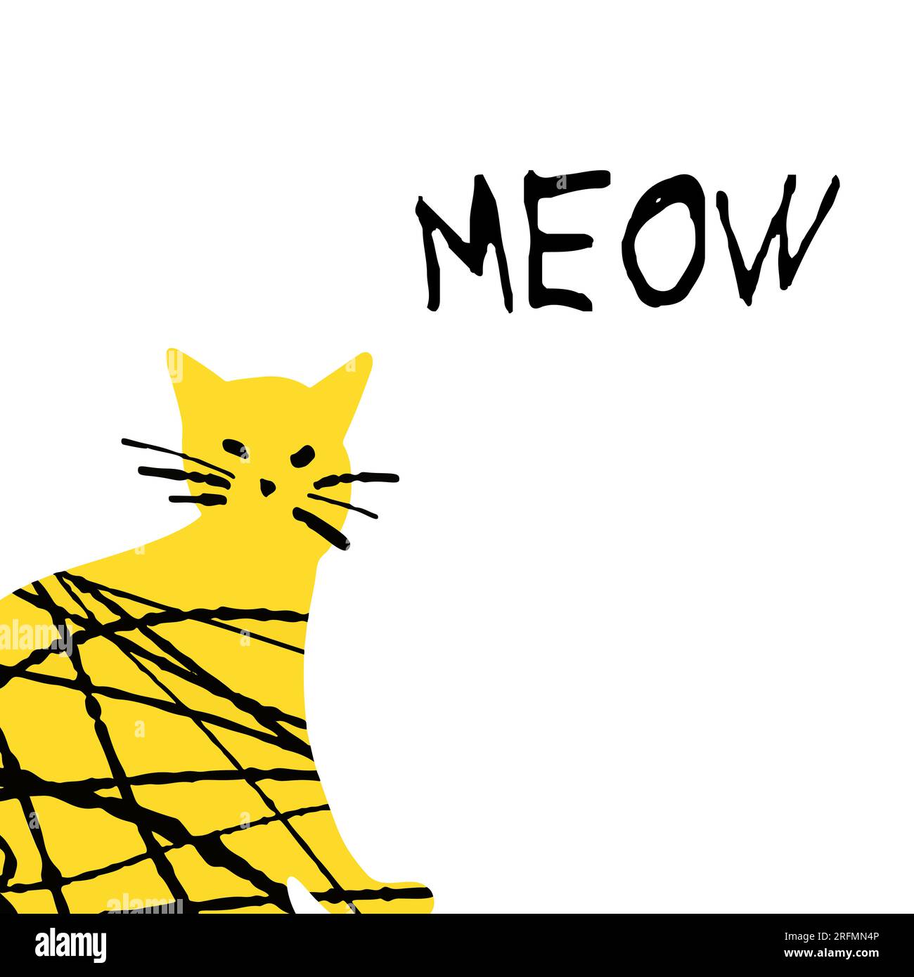 Textured cute cat illustration yellow and black color with text Meow ...