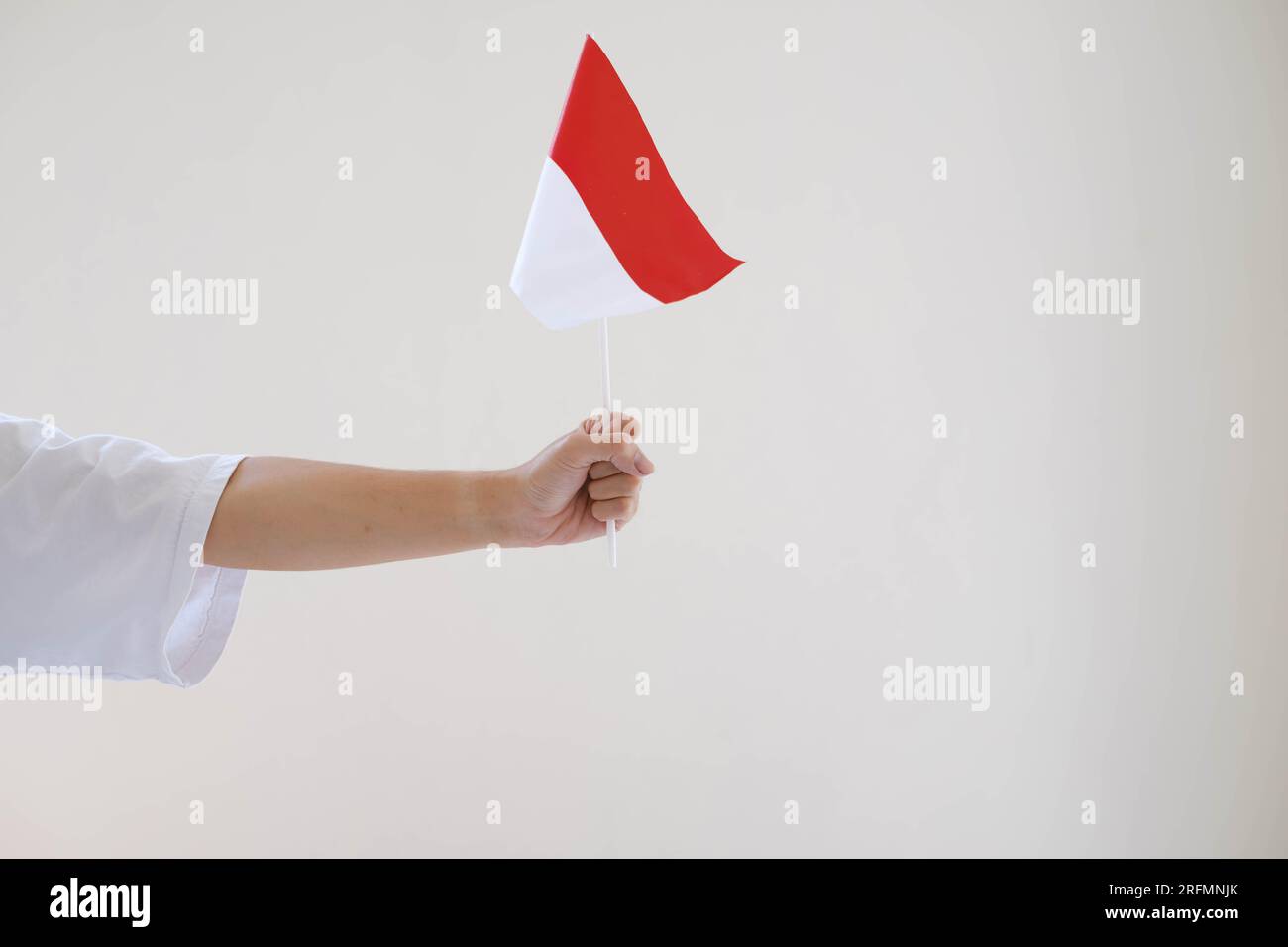 A hand of man wearing white T-Shirt is holding Bendera Indonesia or ...
