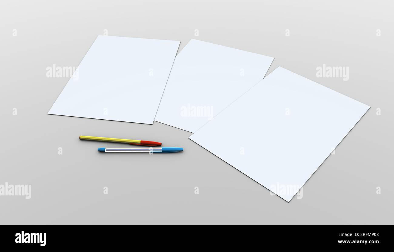 Blank sheets template with pen - 3D illustration Stock Photo - Alamy