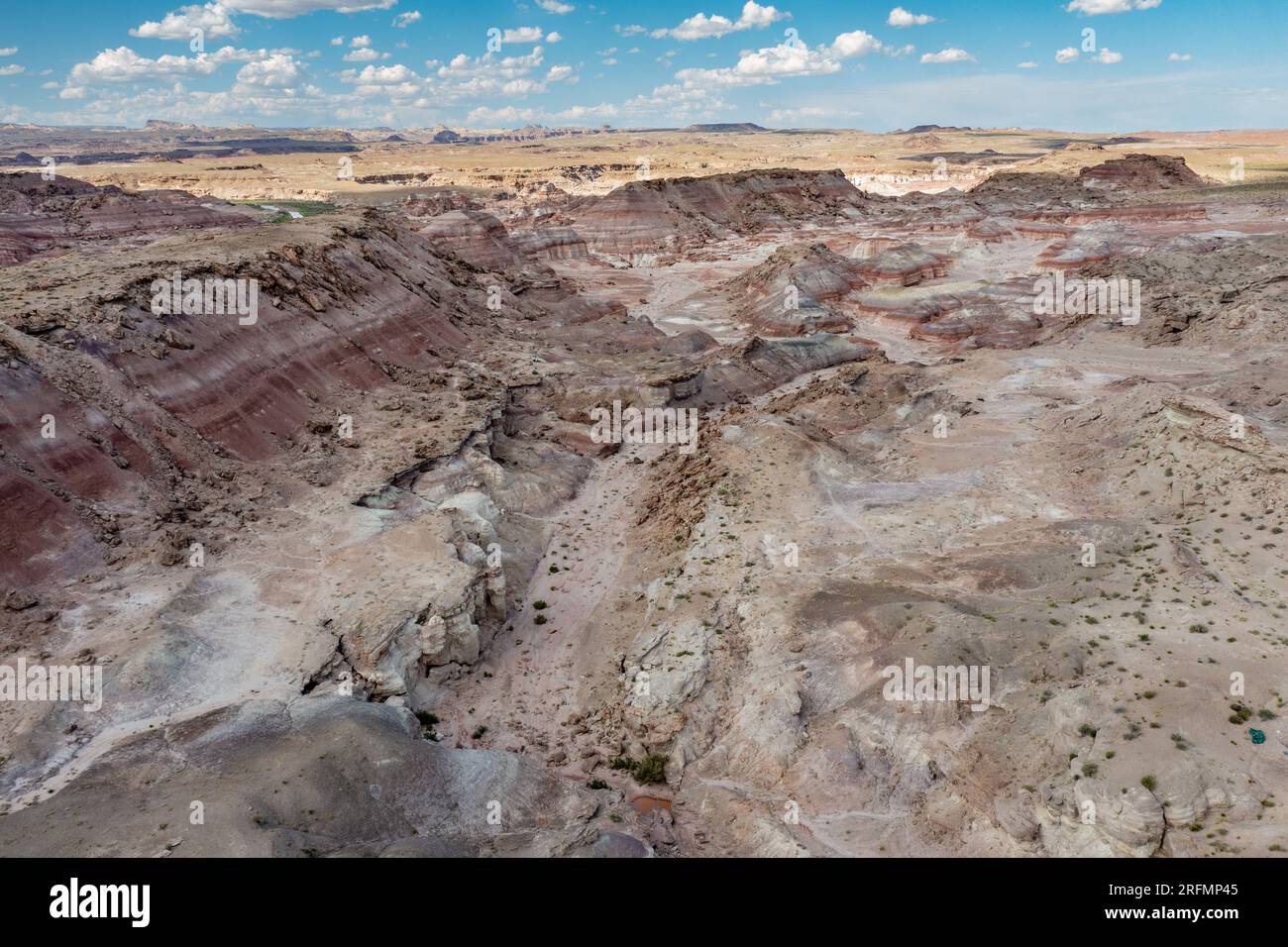 Aerial landscape of a dry riverved in the Burpee Dinosaur Quarry in the ...