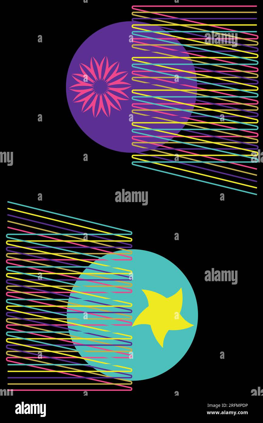 Risograph effect geometric abstract shapes. Boho star, flower, line ...