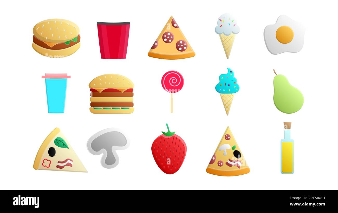 Set of 15 icons of items of delicious food and snacks for a cafe bar ...