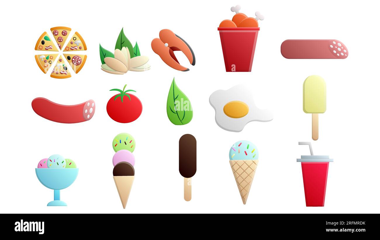 Set of 15 icons of items of delicious food and snacks for a cafe bar ...