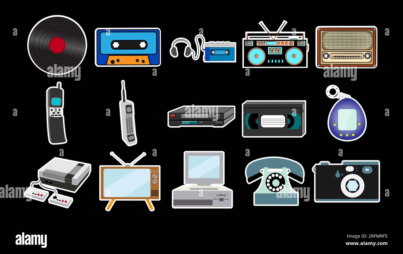 Set of stickers of old retro vintage antique hipster mobile phones, tv ...