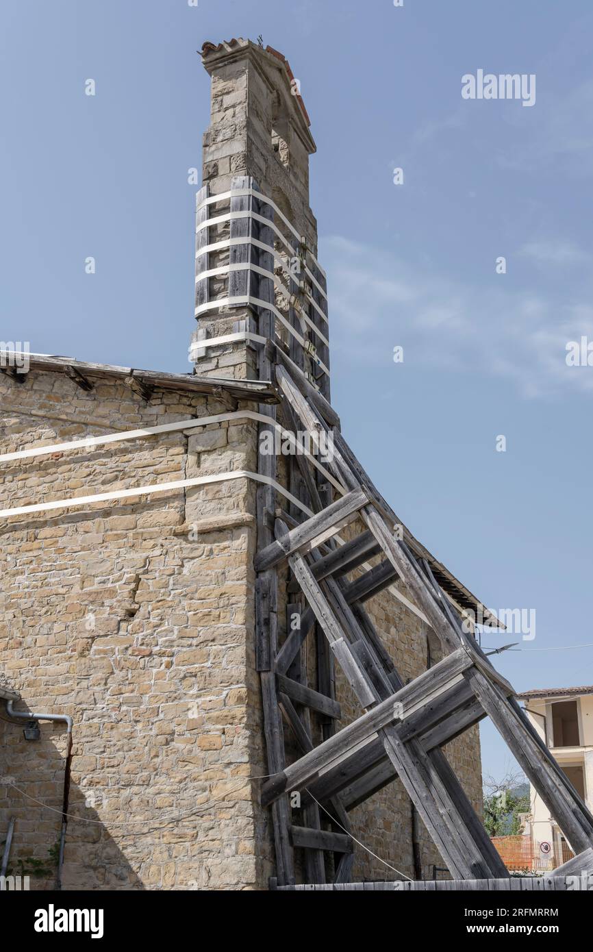 reinforcement on building remain in historical village after earthquake ...