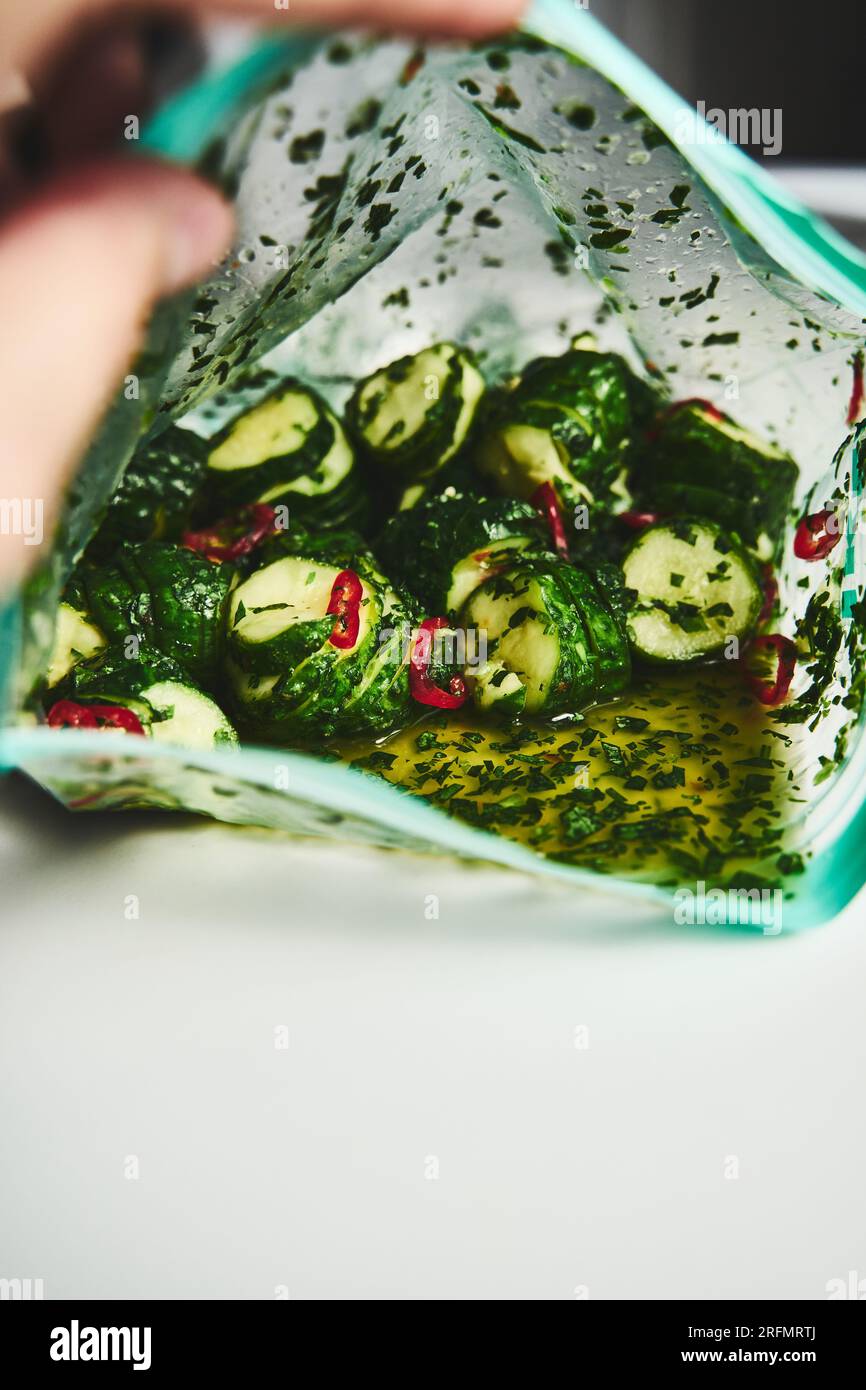 Lightly salted or marinated cucumbers cooked in a bag. Seasoned with ...