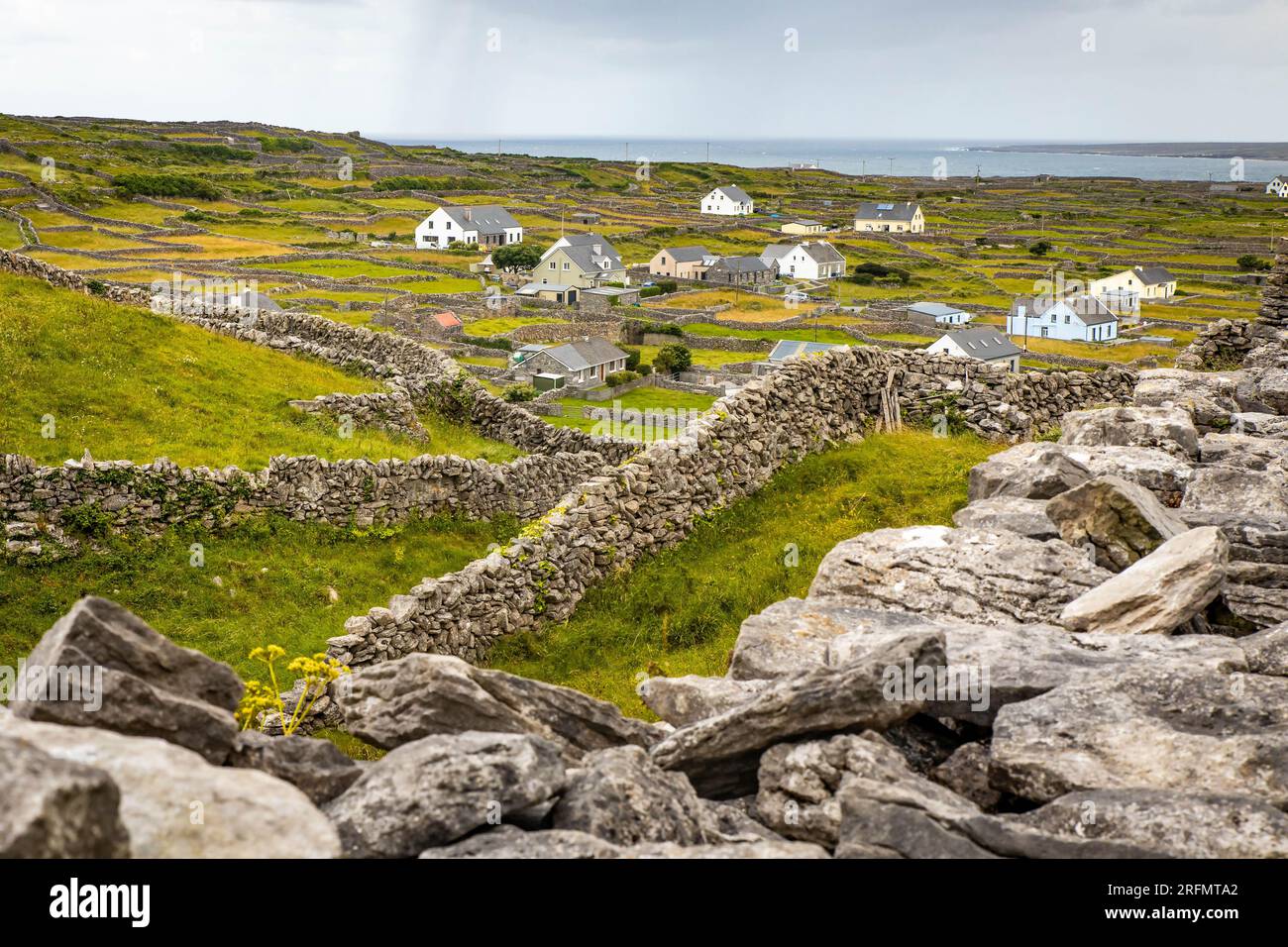 Irish village cottages landscape at Aran Islands Inisheer in summer ...