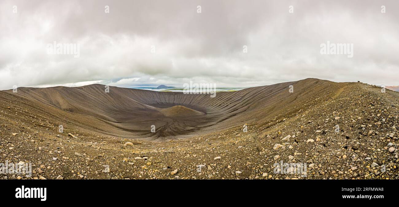 Panoramic picture of Hverfjall volcano crater on Iceland in summer ...