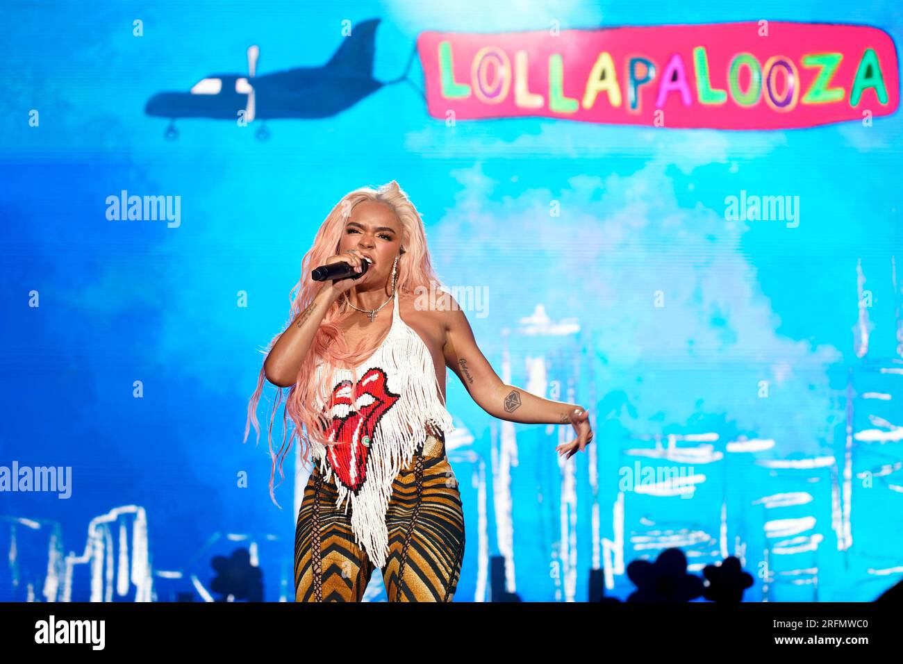 Karol G performs on day one of the Lollapalooza Music Festival on Thursday, Aug. 3, 2023, at ...