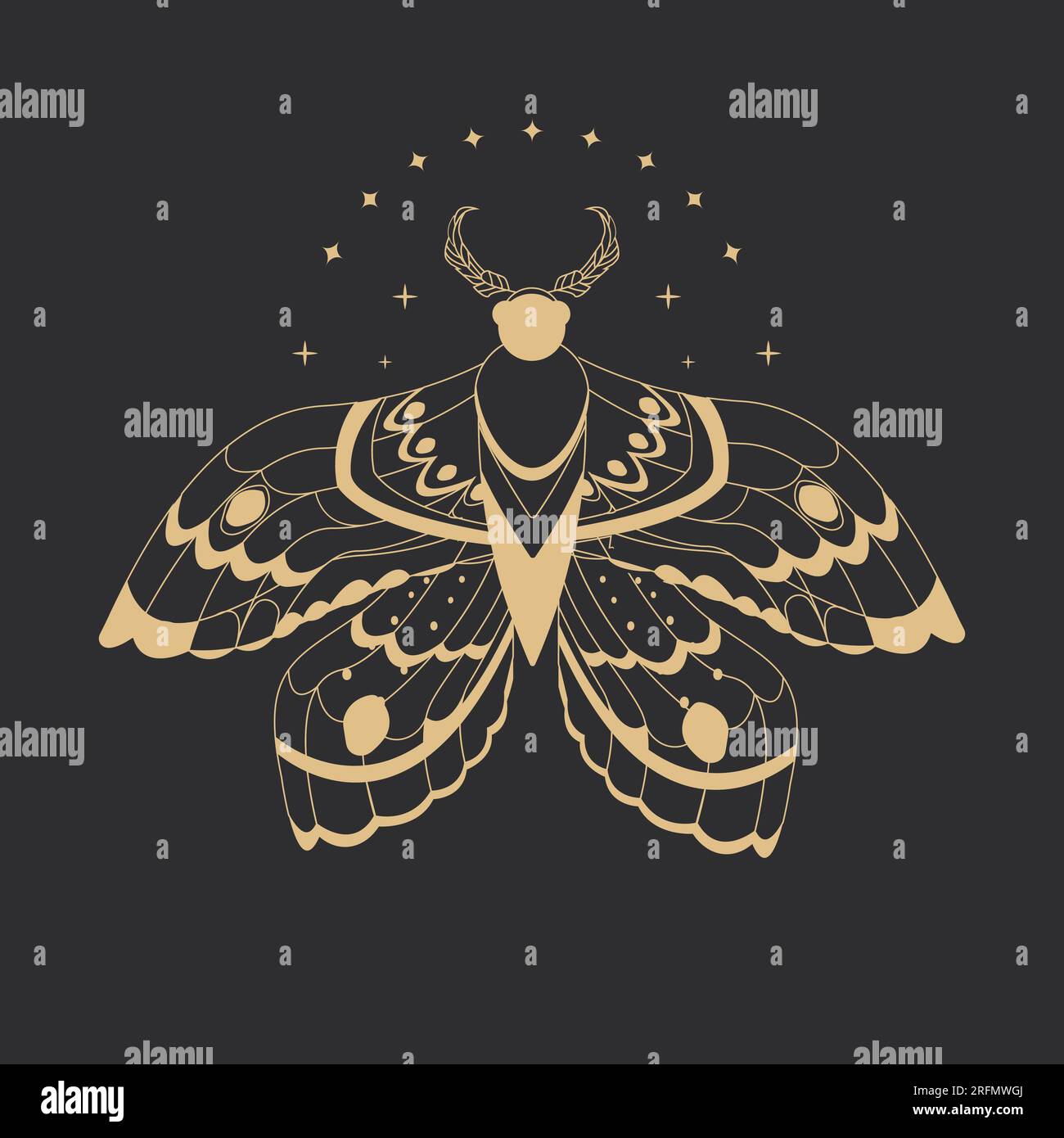 Magic mystic moth silhouette golden line art isolated, boho celestial esoteric symbol, tatoo or ...