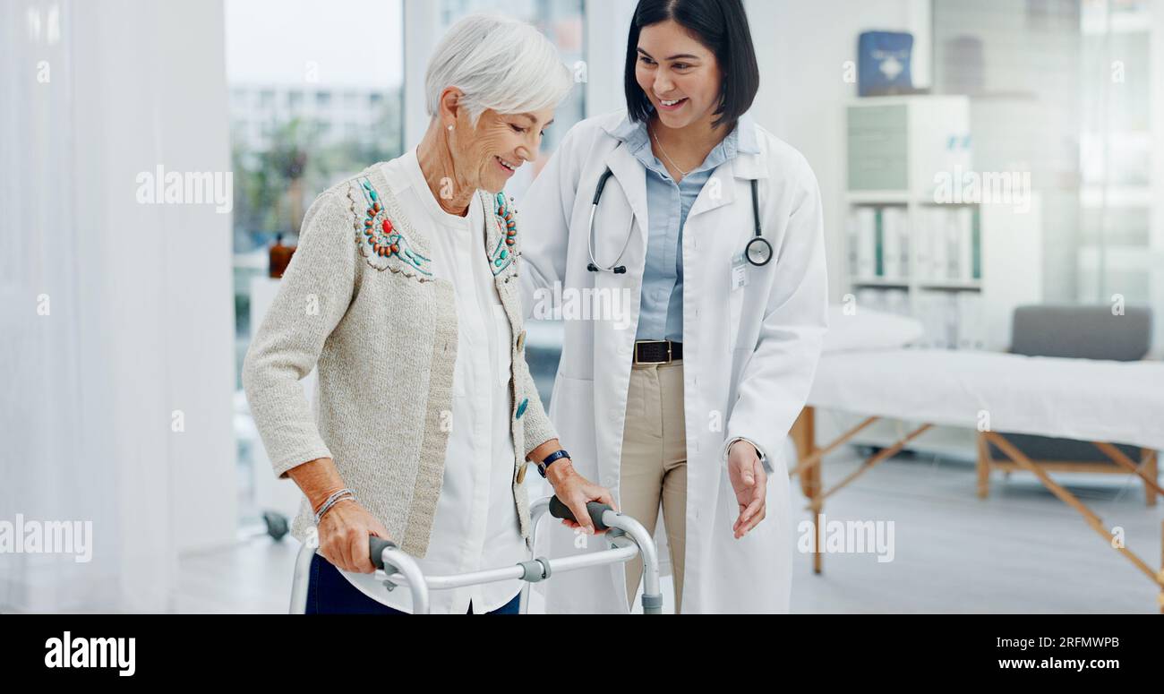 Support, doctor and senior woman in walking frame for healthcare ...