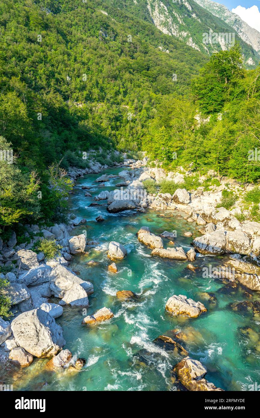 crystal clear turquoise Soca river in Slovenia near Kobarid and Bovec ...