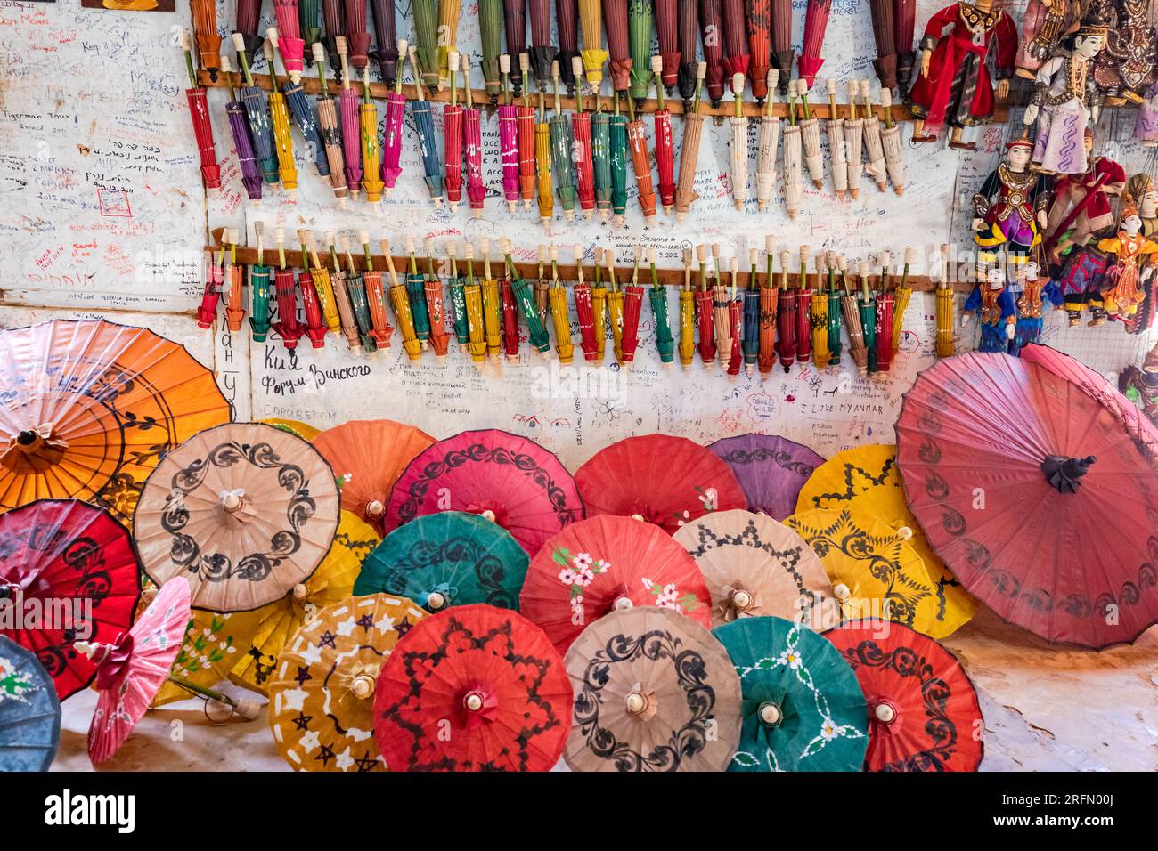 Exhibition of handmade paper parasols in a small handicraft manufactory ...