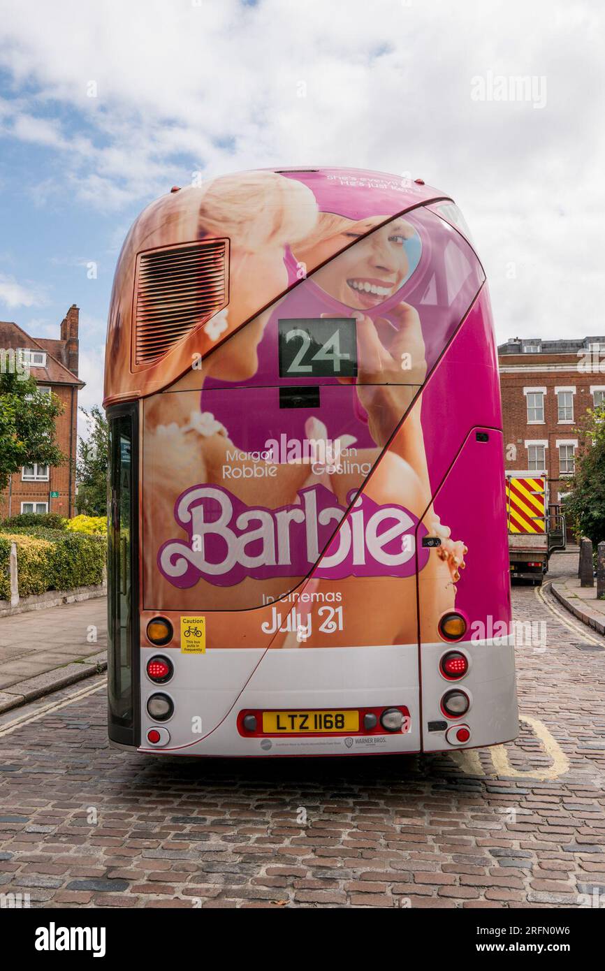 Barbie double decker bus parked in Hampstead London UK, to promote the ...
