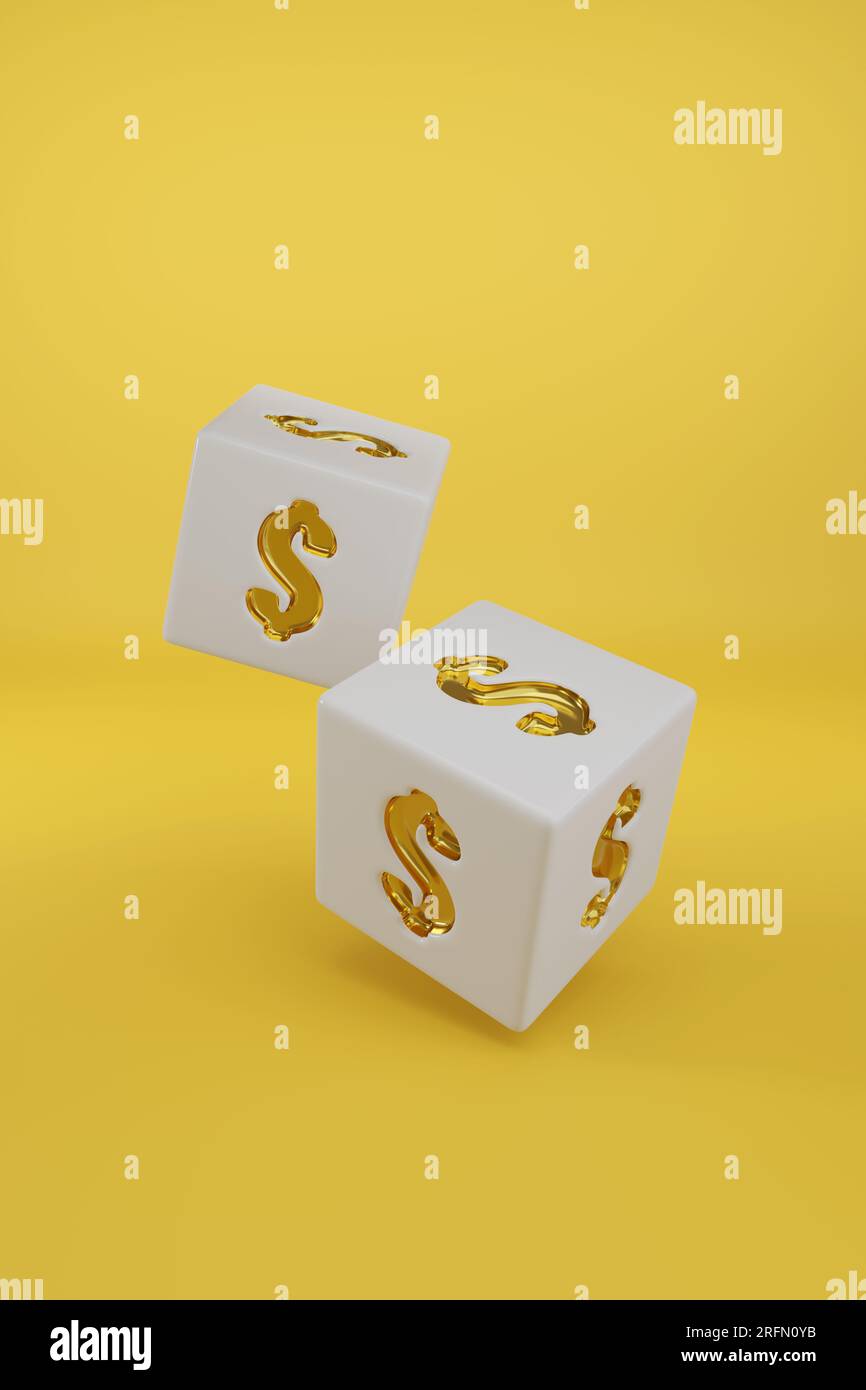 Two dice with golden dollar signs isolated on yellow background. 3d ...