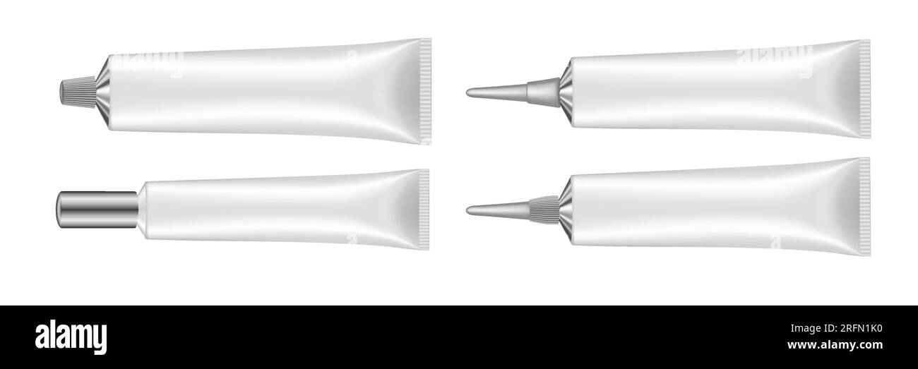 Set of 4 white tubes with long nozzle and silver caps. Cosmetic ...