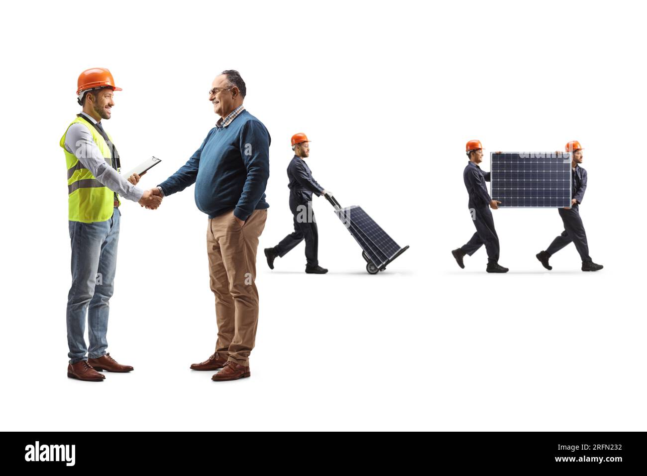 Engineer greeting a customer and workers carrying solar panels isolated ...