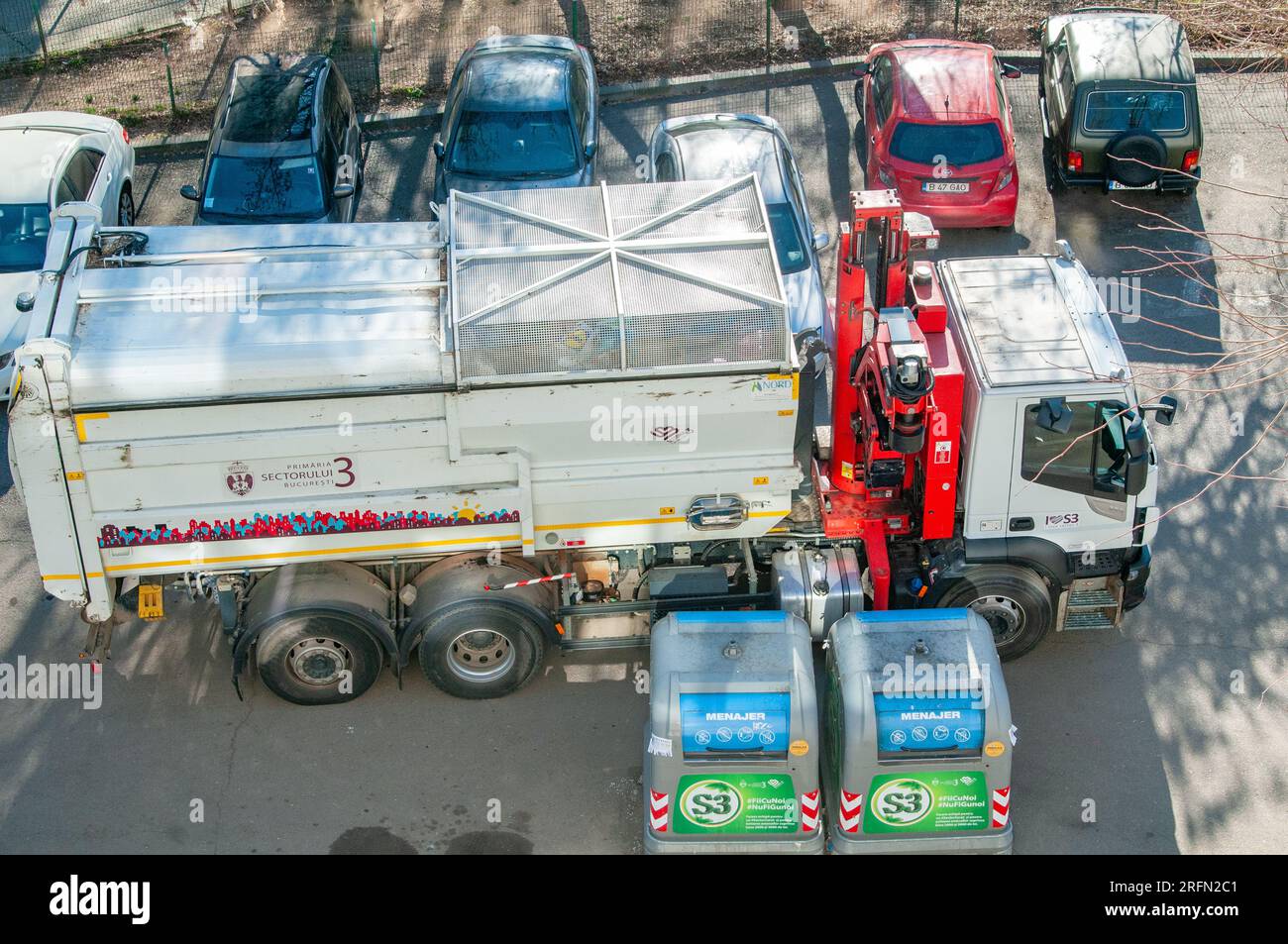 March-20-2023-Bucharest Romania- The automated garbage machine goes ...
