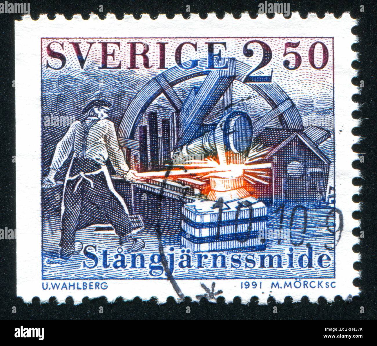 SWEDEN - CIRCA 1991: stamp printed by Sweden, shows Ironworks forge ...