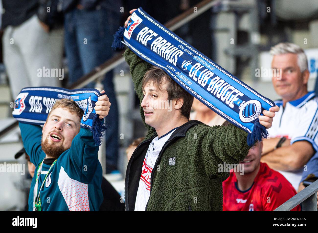 Aarhus, Denmark. 03rd Aug, 2023. Football fans of Aarhus GF seen on the ...