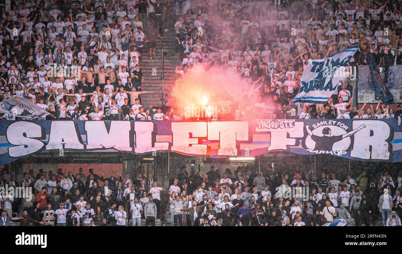 Aarhus, Denmark. 03rd Aug, 2023. Football fans of Aarhus GF seen on the ...