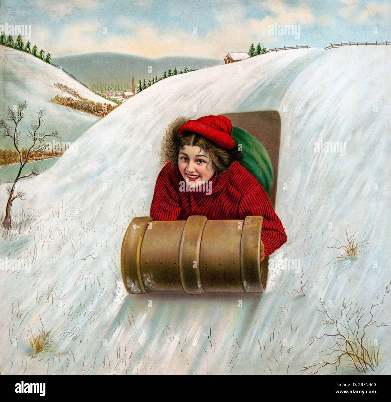 Chromolithograph of a girl toboganning down a hill in winter, 1890 ...
