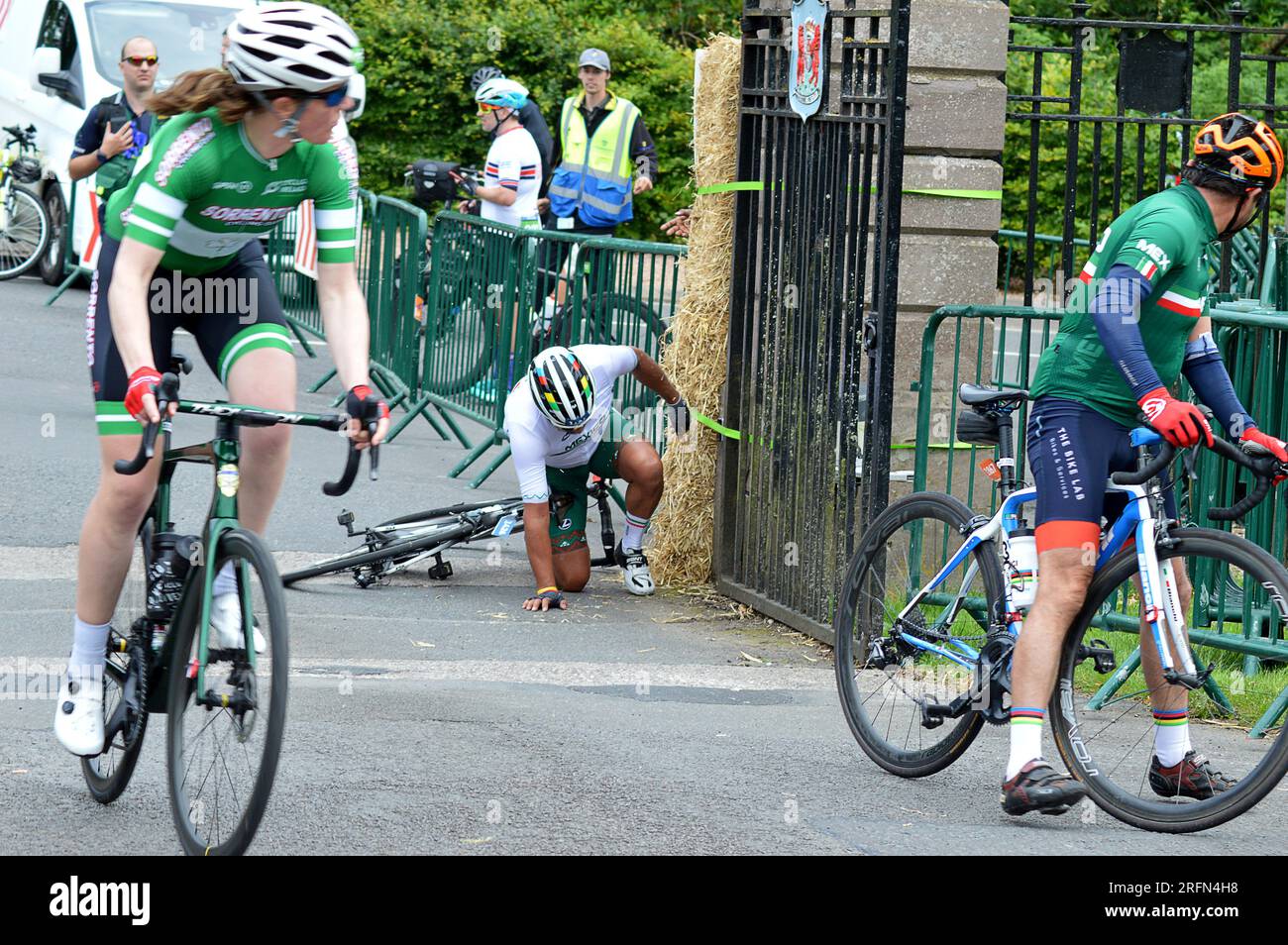 PERTH, SCOTLAND - 4 AUGUST 2023: A crash as riders enter the finish of ...