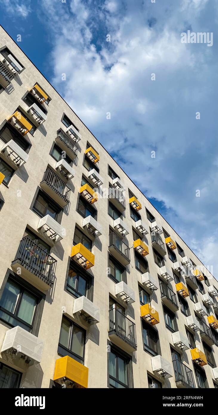 Newly built modern apartment building facade. Exterior of multi storey ...