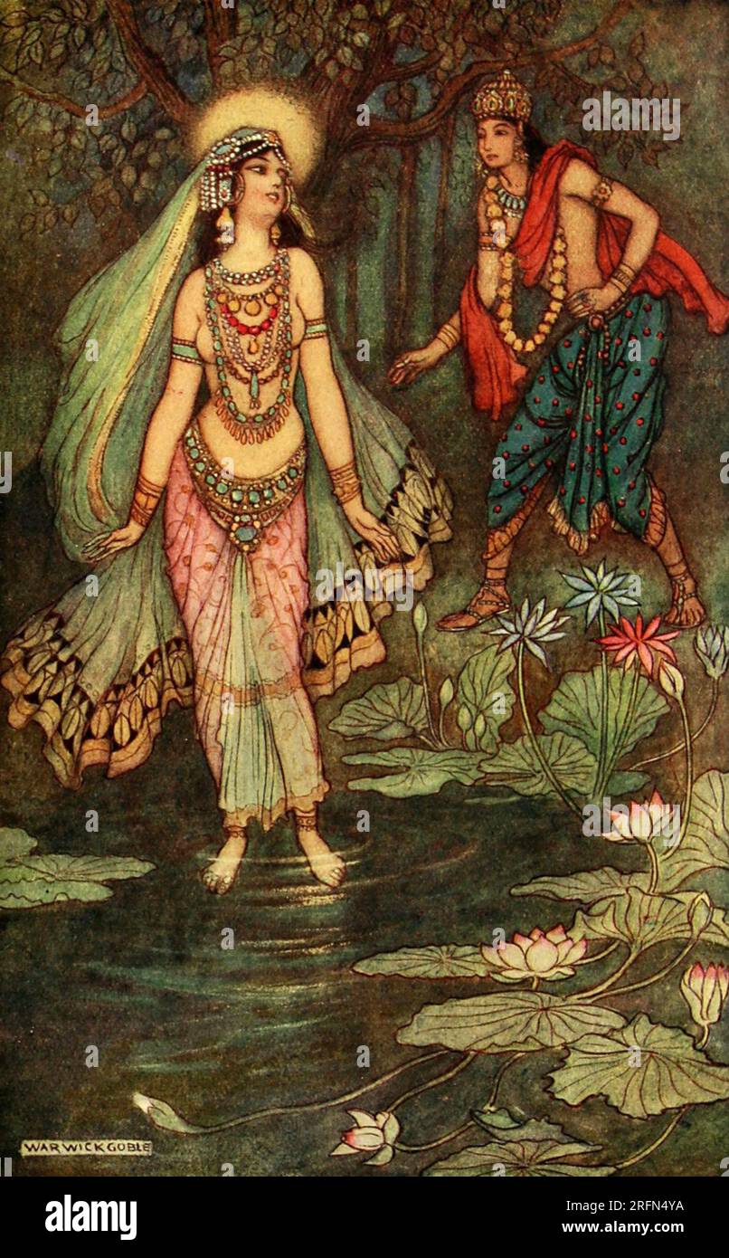 A scene from the the Mahabharata in which the ruler Shantanu meets a ...