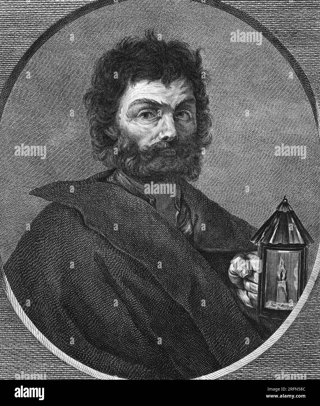 Ancient Greek cynic philosopher Diogenes, holding a lantern. Engraving ...