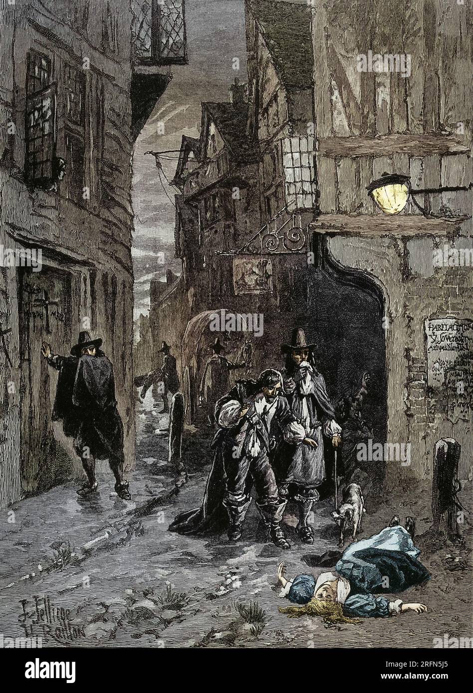 Two men discovering a dead woman in the street during the Great Plague ...