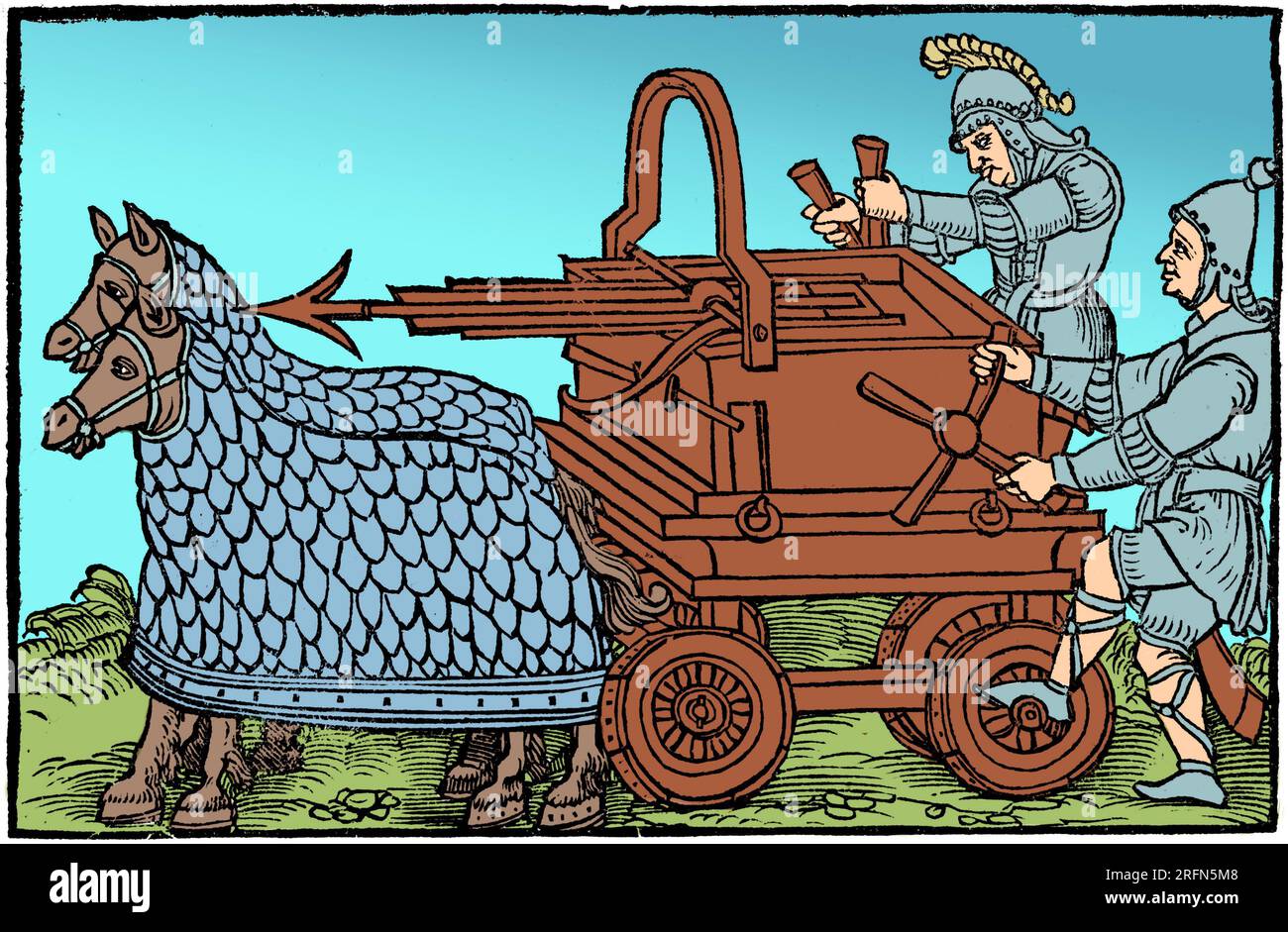 A four-wheeled ballista (carroballista) drawn by armored horses, from ...