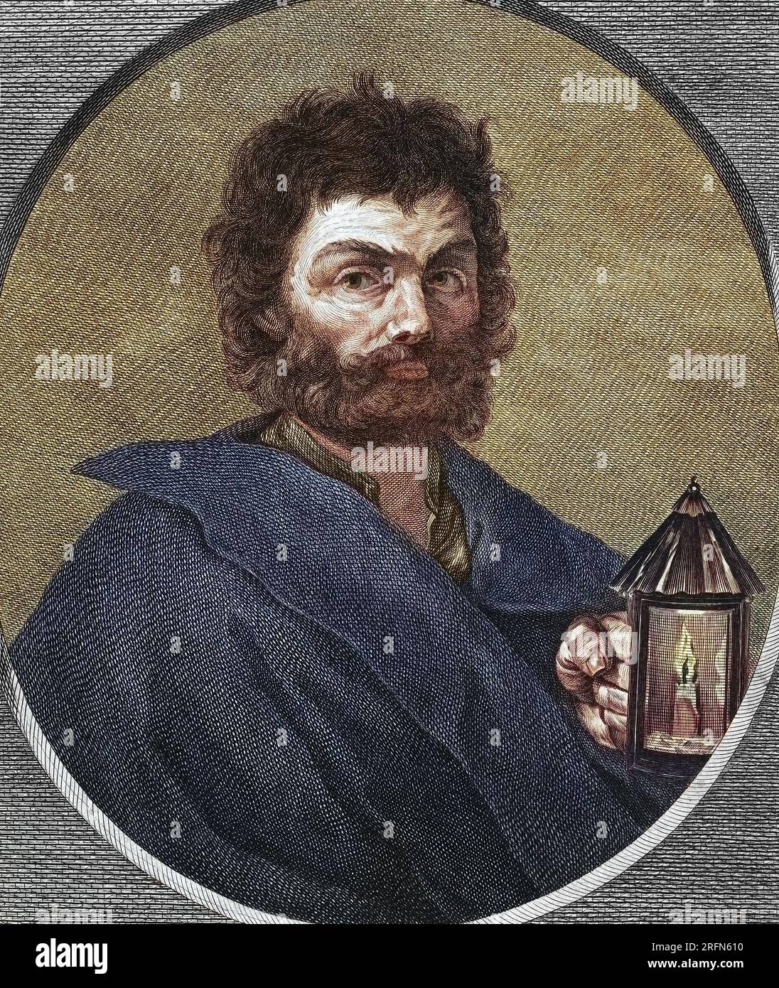 Ancient Greek cynic philosopher Diogenes, holding a lantern. Engraving ...