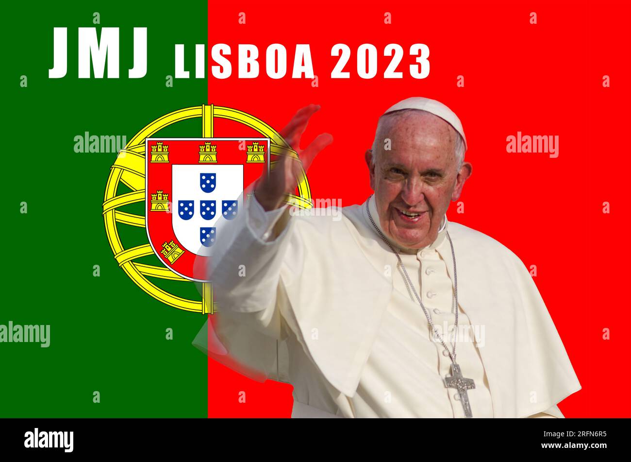 illustration pope blessing with portugal flag background, written jmj ...