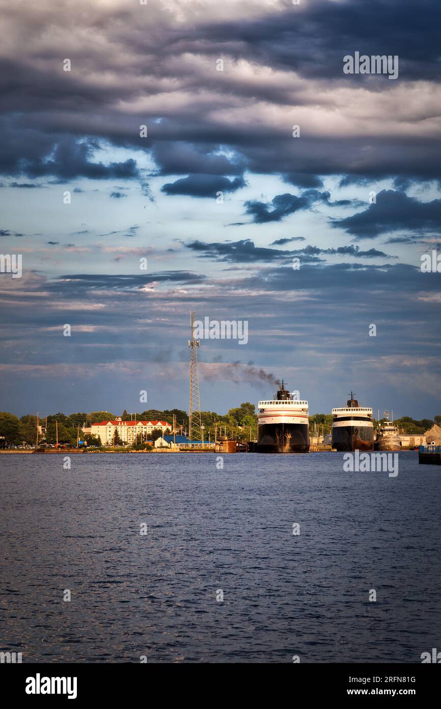 Sunset at the SS Badger and her parts ship, the SS Spartan, on the ...