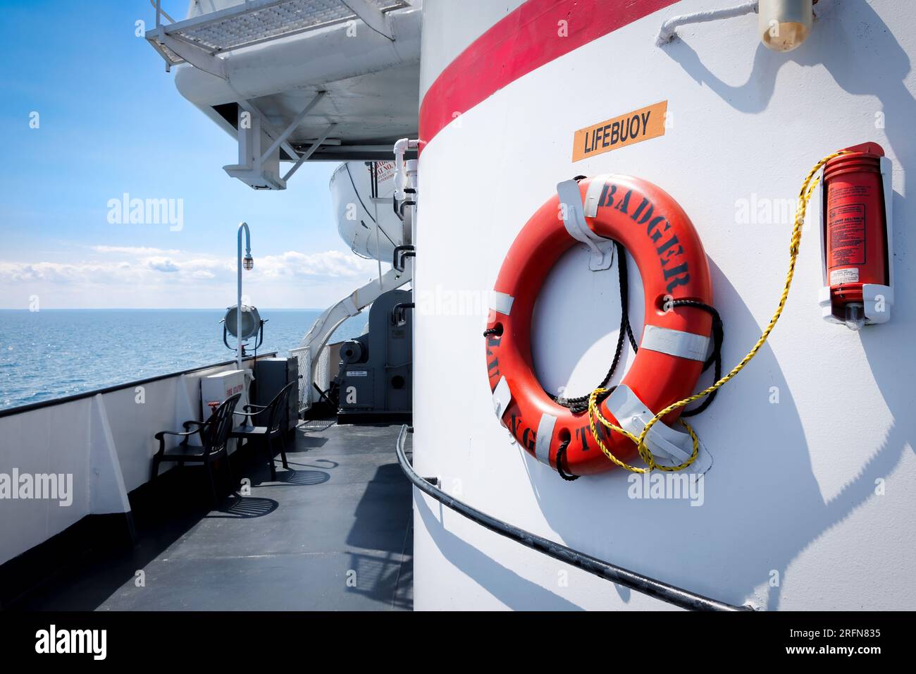 A life ring aboard the SS Badger on its Lake Michigan route between ...