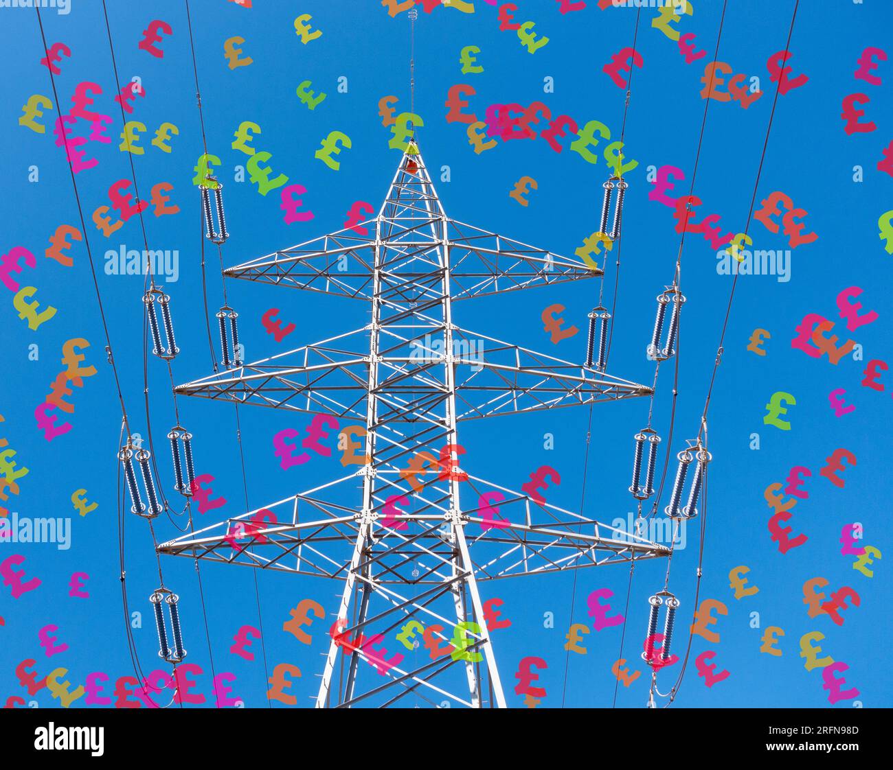 Electricity pylon with pound symbols falling from sky. National Grid ...