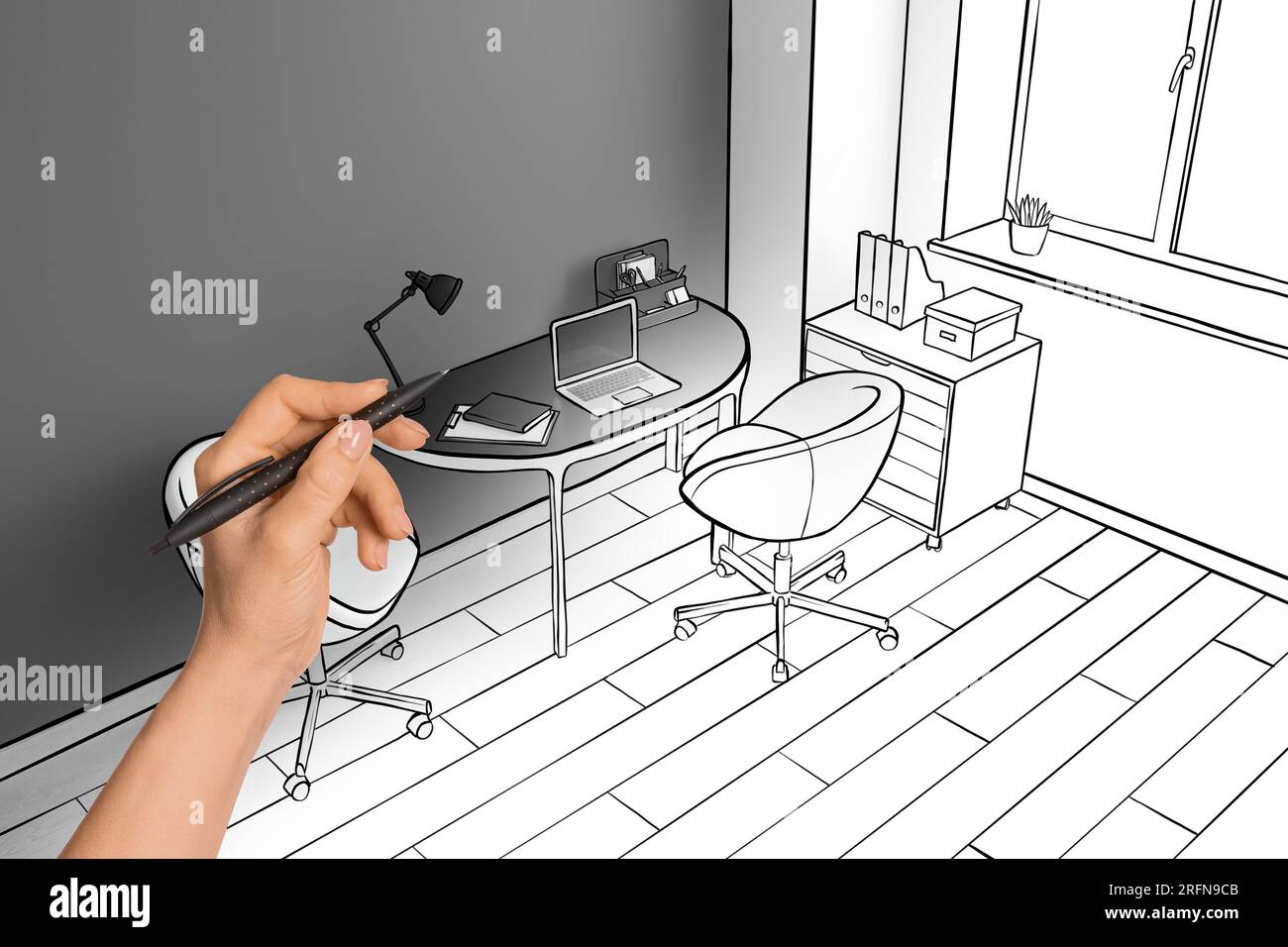Designer drawing new interior of modern office Stock Photo - Alamy