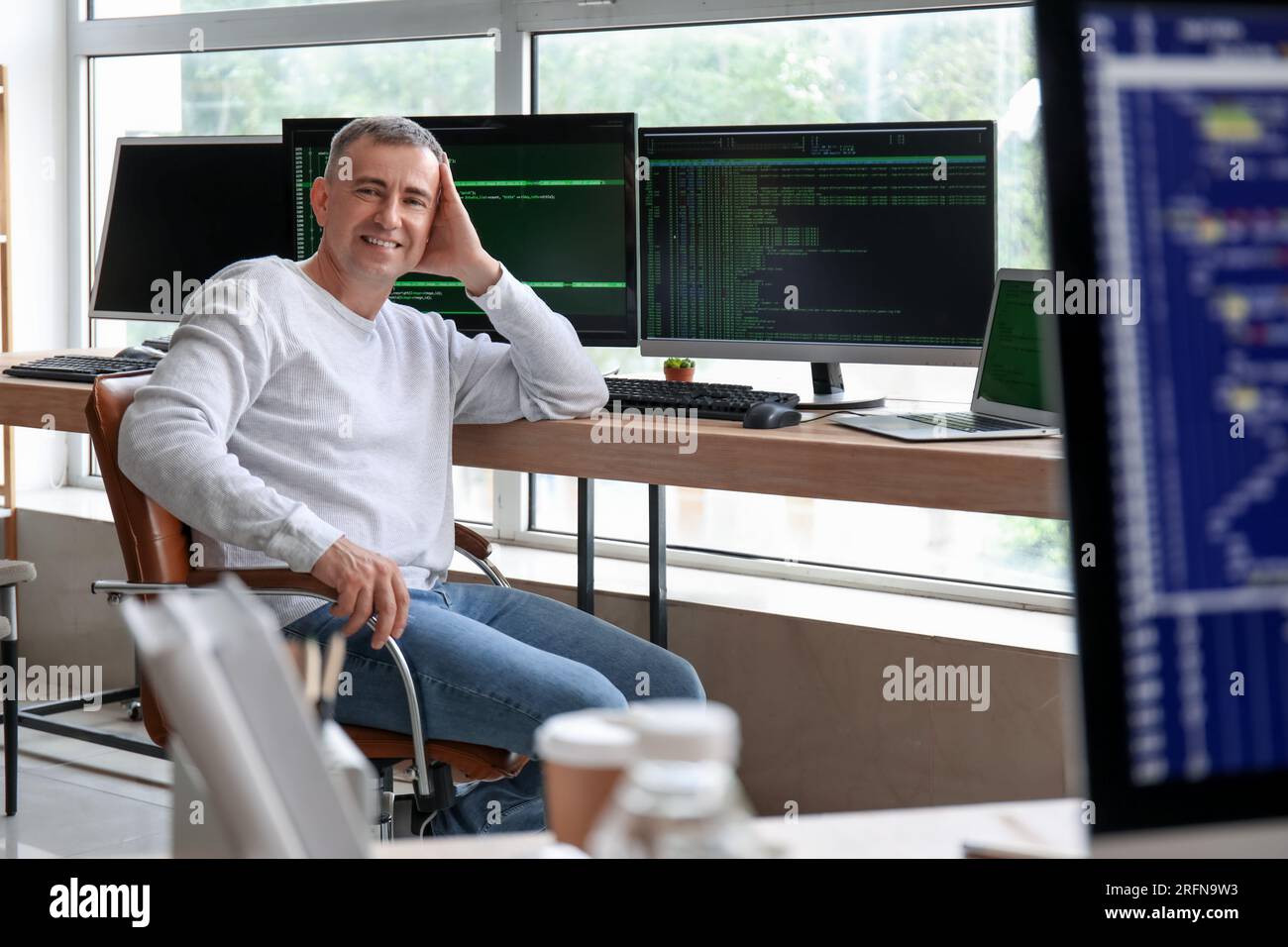 Mature male programmer sitting in light office at his workplace Stock ...