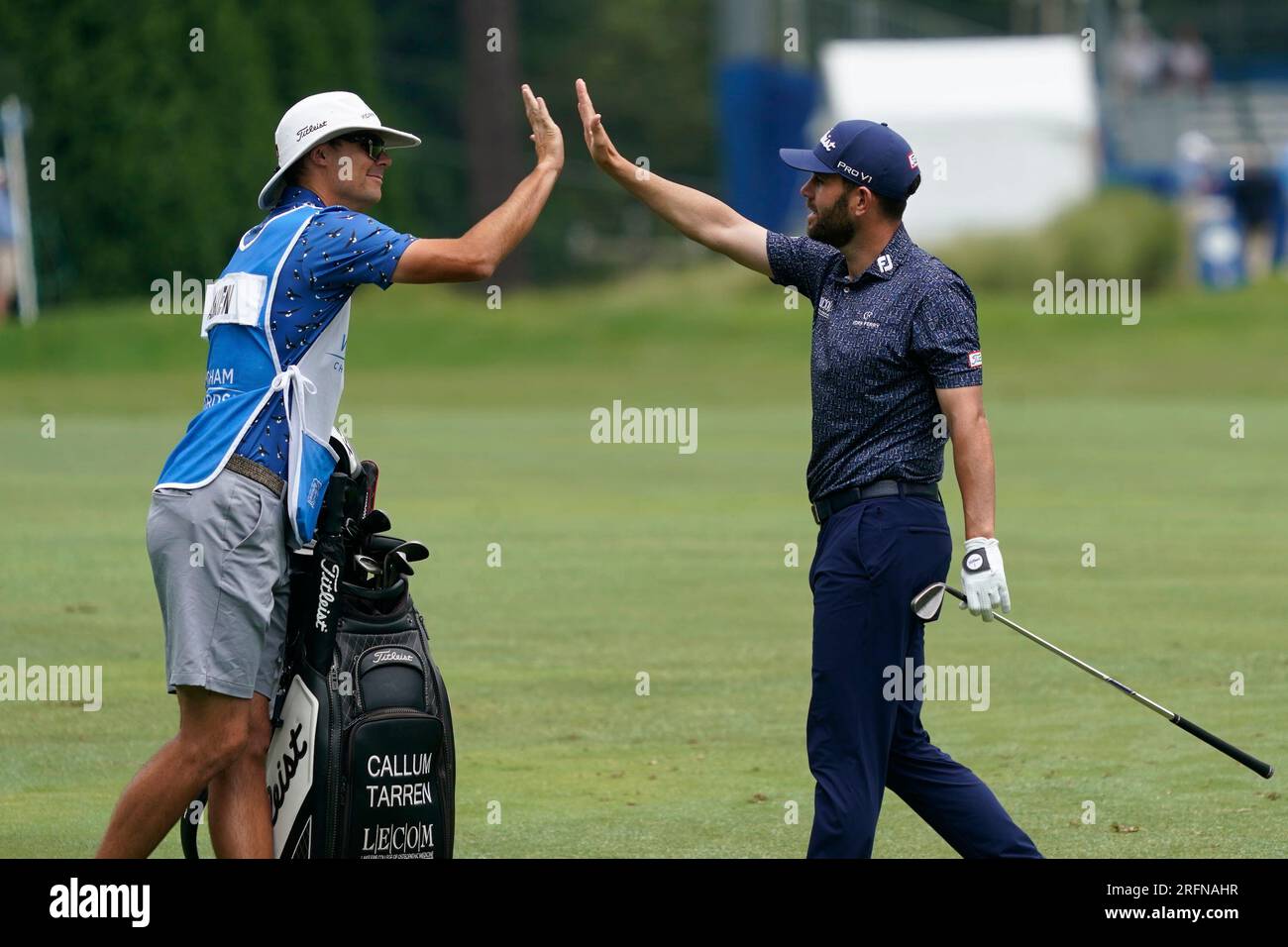 Callum Tarren, of England, right, celebrates with his caddie after ...