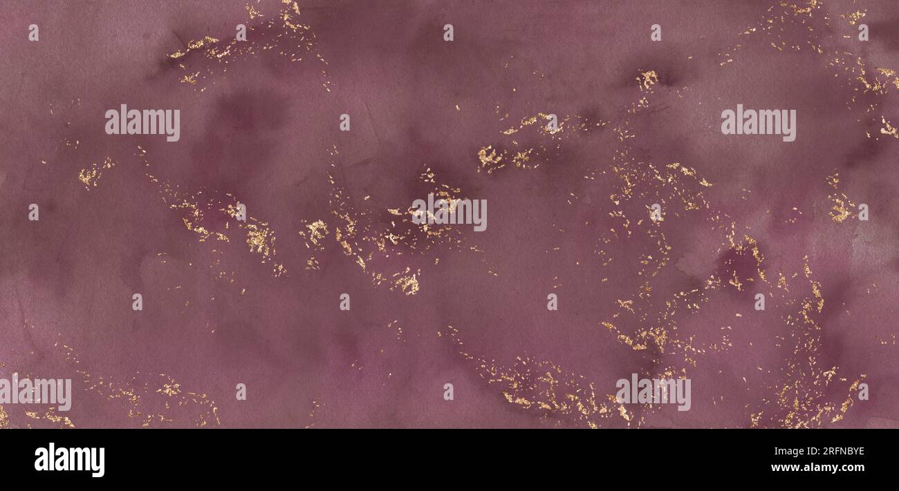 Abstract burgundy watercolor background with golden splashes. Marble ...