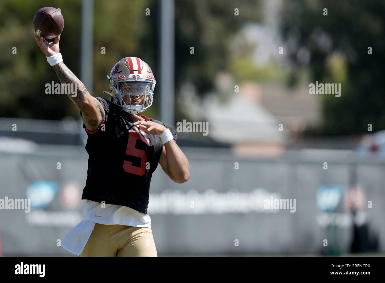 San Francisco 49ers quarterback Trey Lance throws a pass during NFL ...