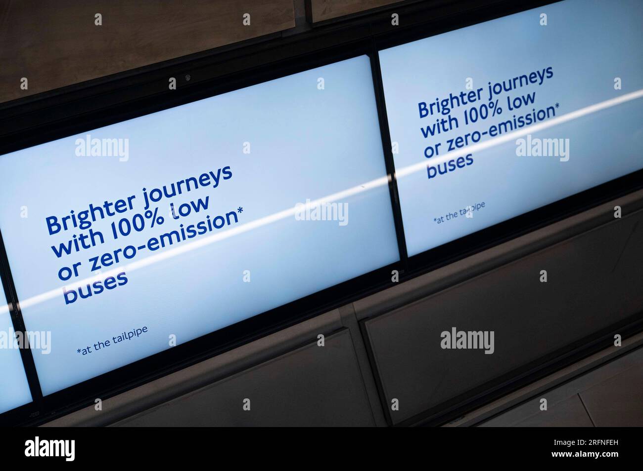 London, England -4 August 2023: A billboard in London tube announces 'Brighter journeys with 100 ...